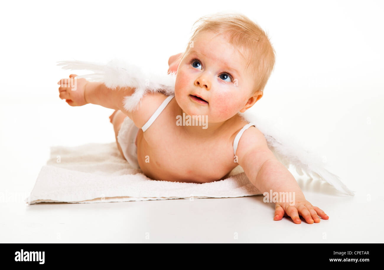 Cute infant angel with wings isolated on white Stock Photo - Alamy