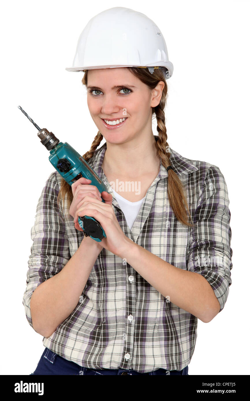 Woman holding screw gun hi-res stock photography and images - Alamy