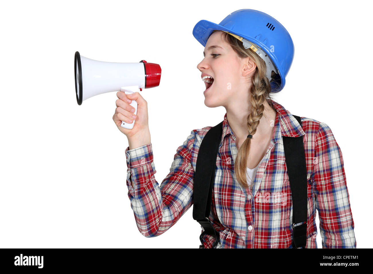 Woman laborer screaming in a bullhorn Stock Photo - Alamy