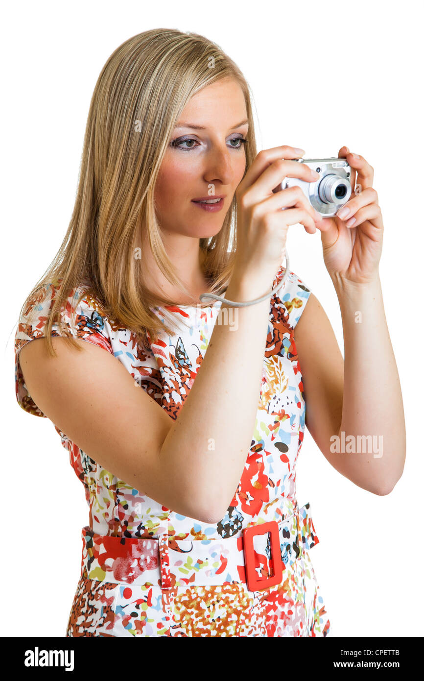 Woman taking pictures with point-and-shoot compact camera isolated on ...