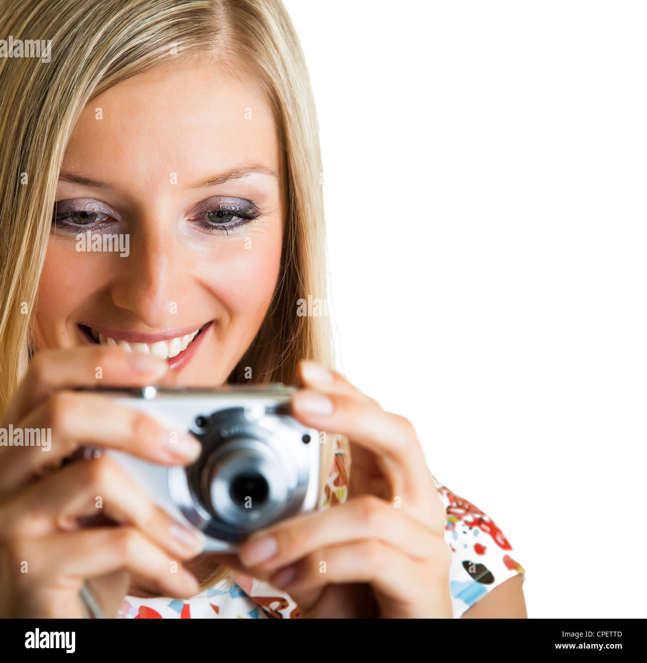 Woman taking pictures with point-and-shoot compact camera isolated on ...