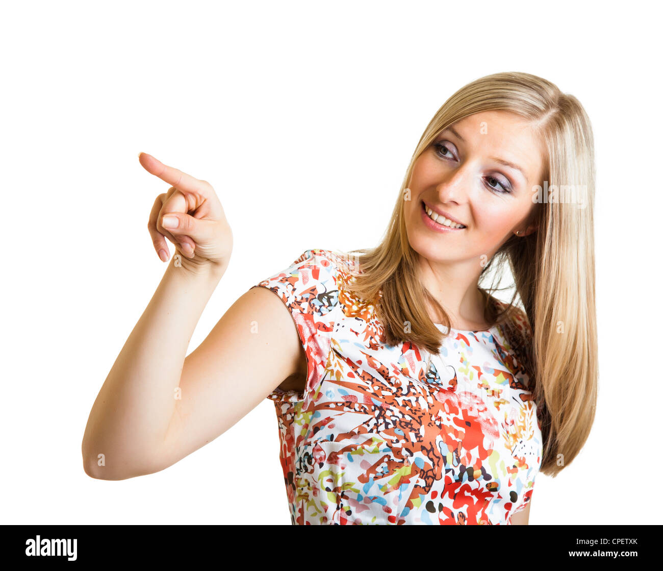 Woman pointing finger Stock Photo - Alamy