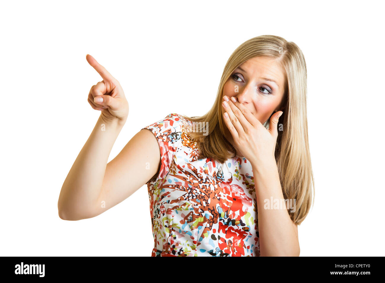 Woman pointing finger Stock Photo - Alamy