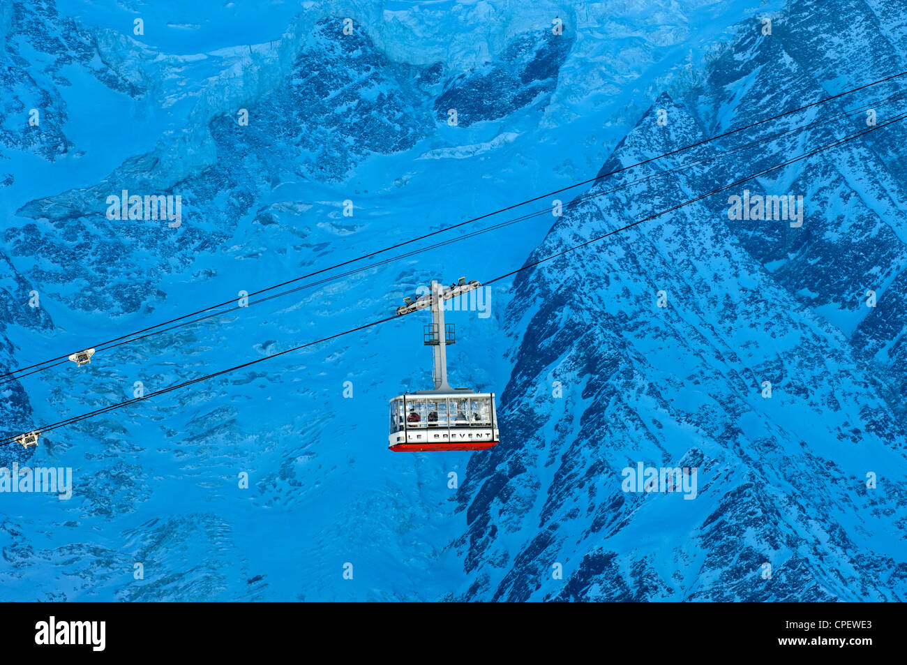 Gondola of the Brevent-cable car hovering in front of the Bossons ...