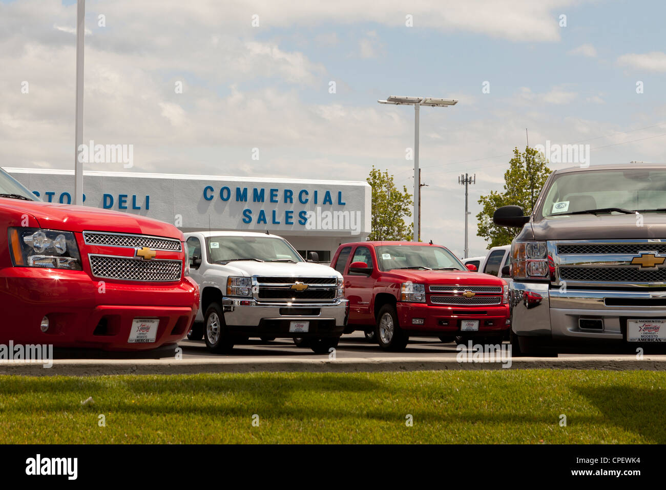 New Chevrolet trucks on sale at dealership sales lot - California USA ...