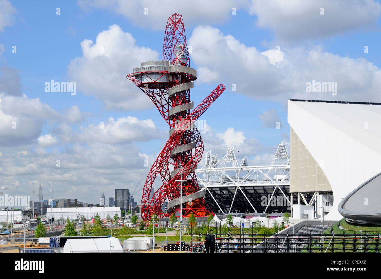 Part of stadium & ArcelorMittal Orbit tower Aquatics centre in the 2012 ...