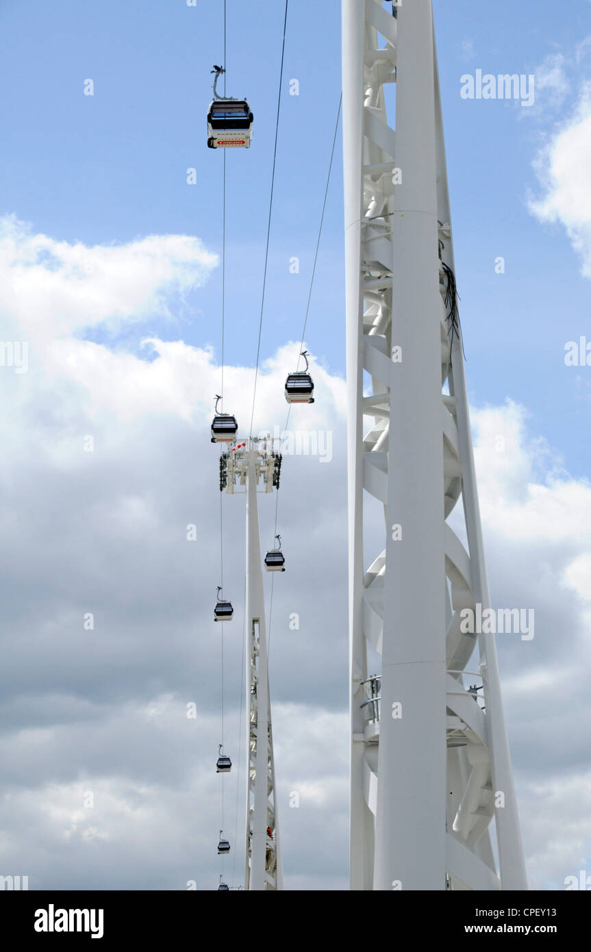 Emirates Air Line cable car gondolas passing between two support pylon ...