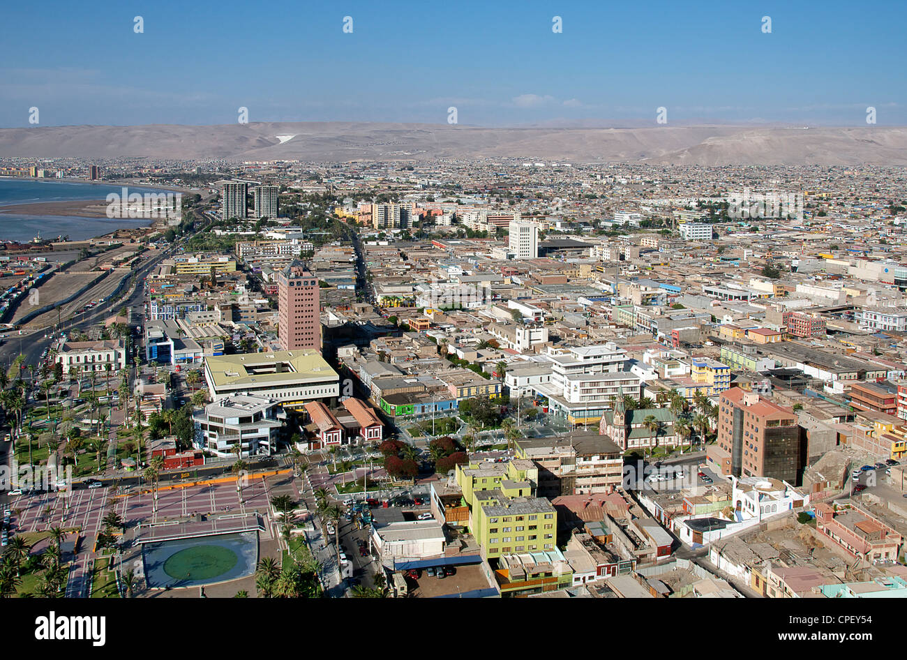Birds-eye panoramic view of city centre Arica Chile Stock Photo - Alamy