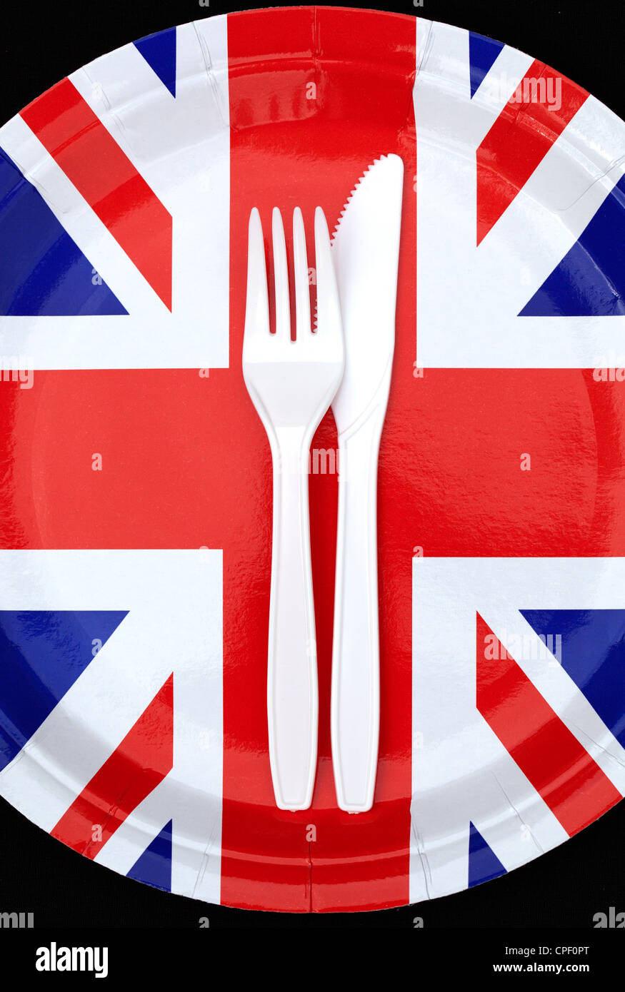 Union Jack Plate with Plastic Cutlery on black background Stock Photo ...