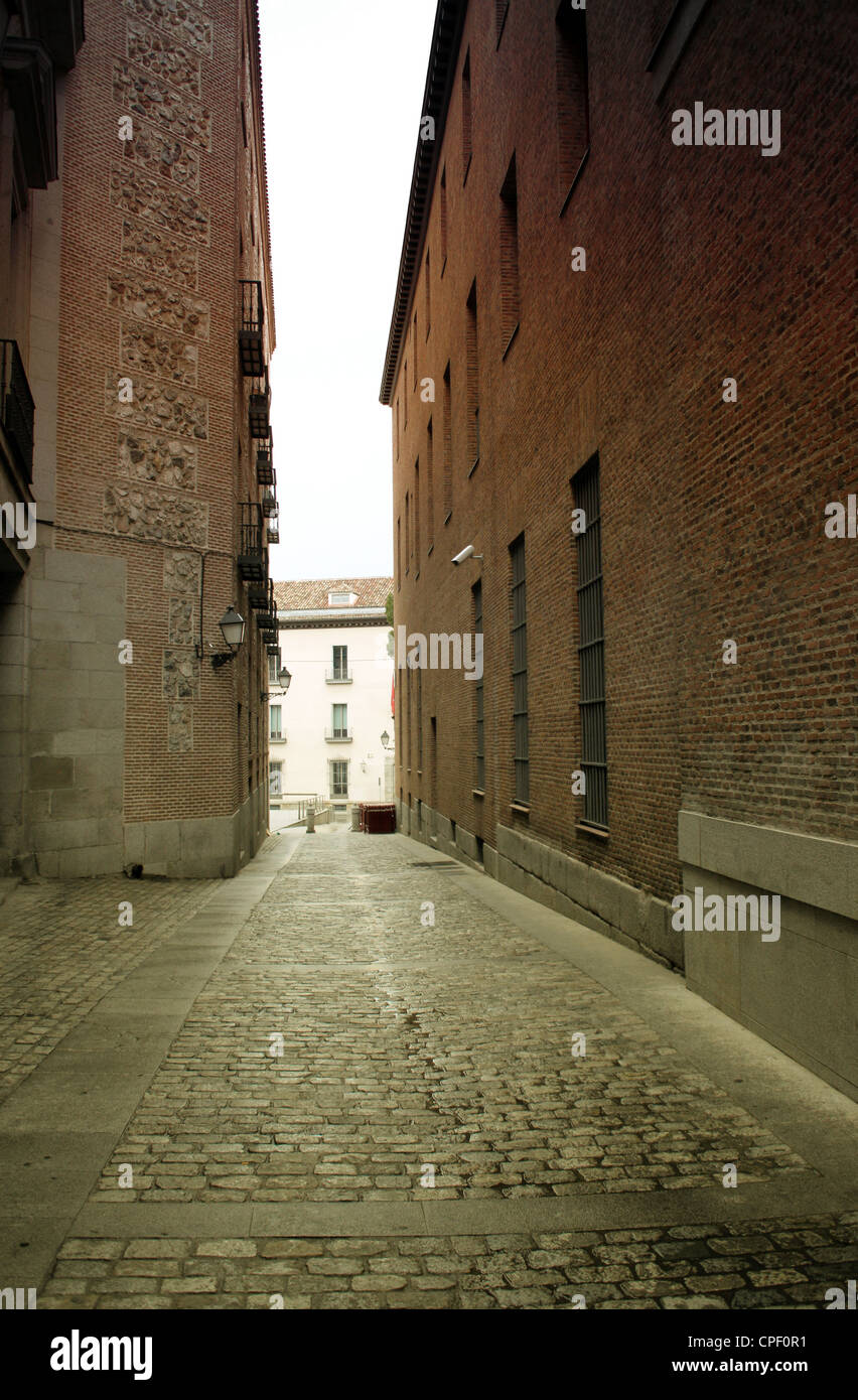 Narrow alley with rock pavement and very high brick walls under rain ...