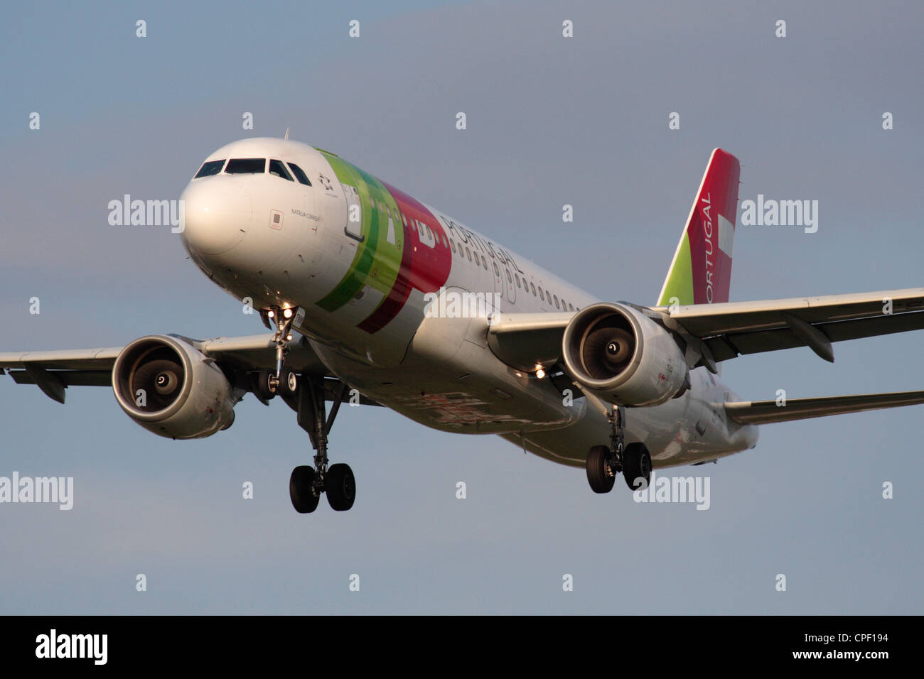 TAP Portugal Airbus A320 airliner on arrival. Close up front view of ...