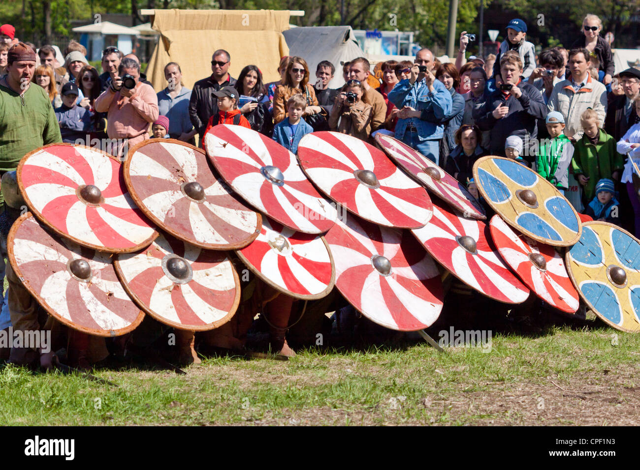 Group of warriors with shields Stock Photo - Alamy