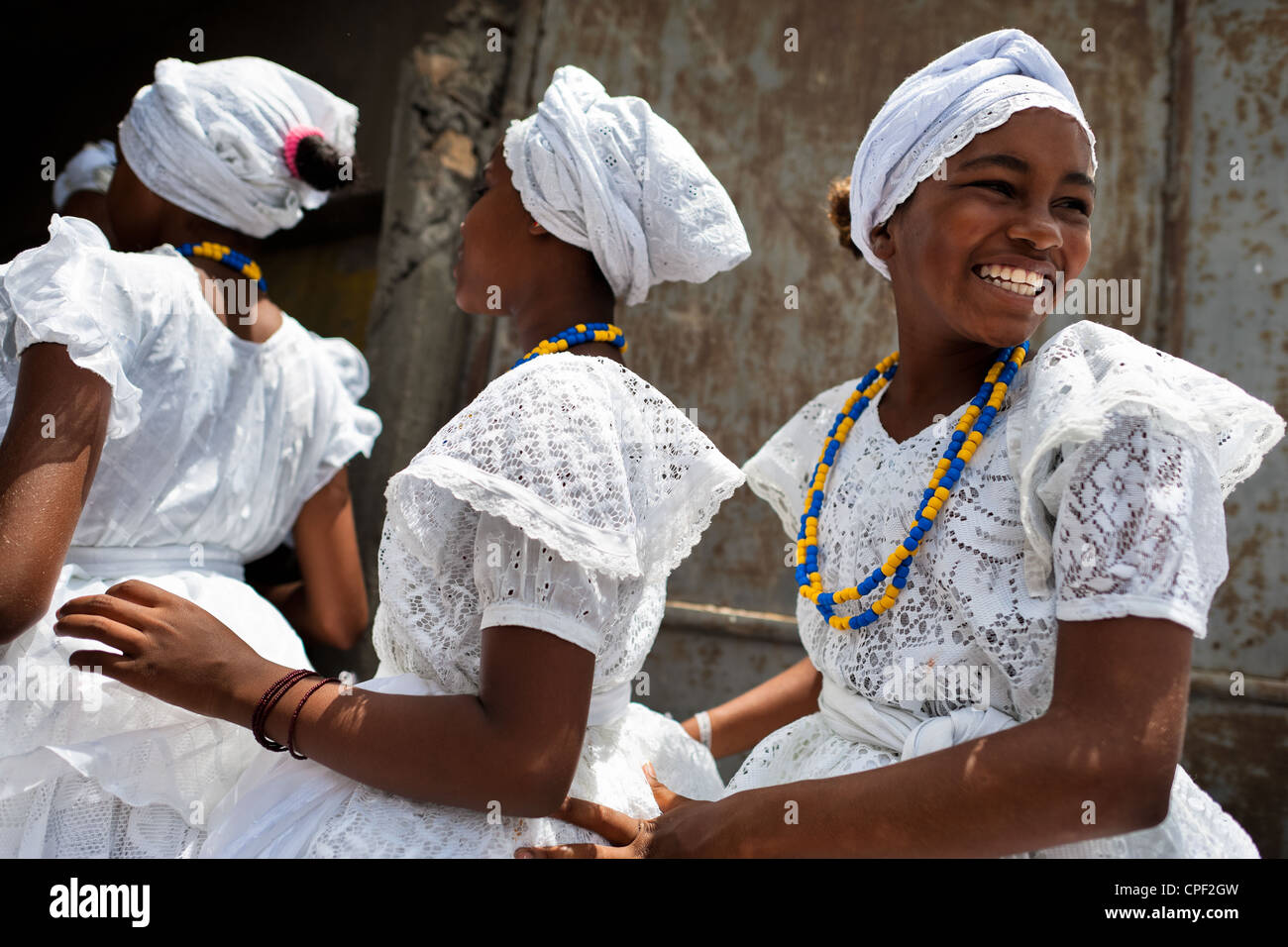 Baiana girls wait in the line before the ritual ceremony in honor to ...