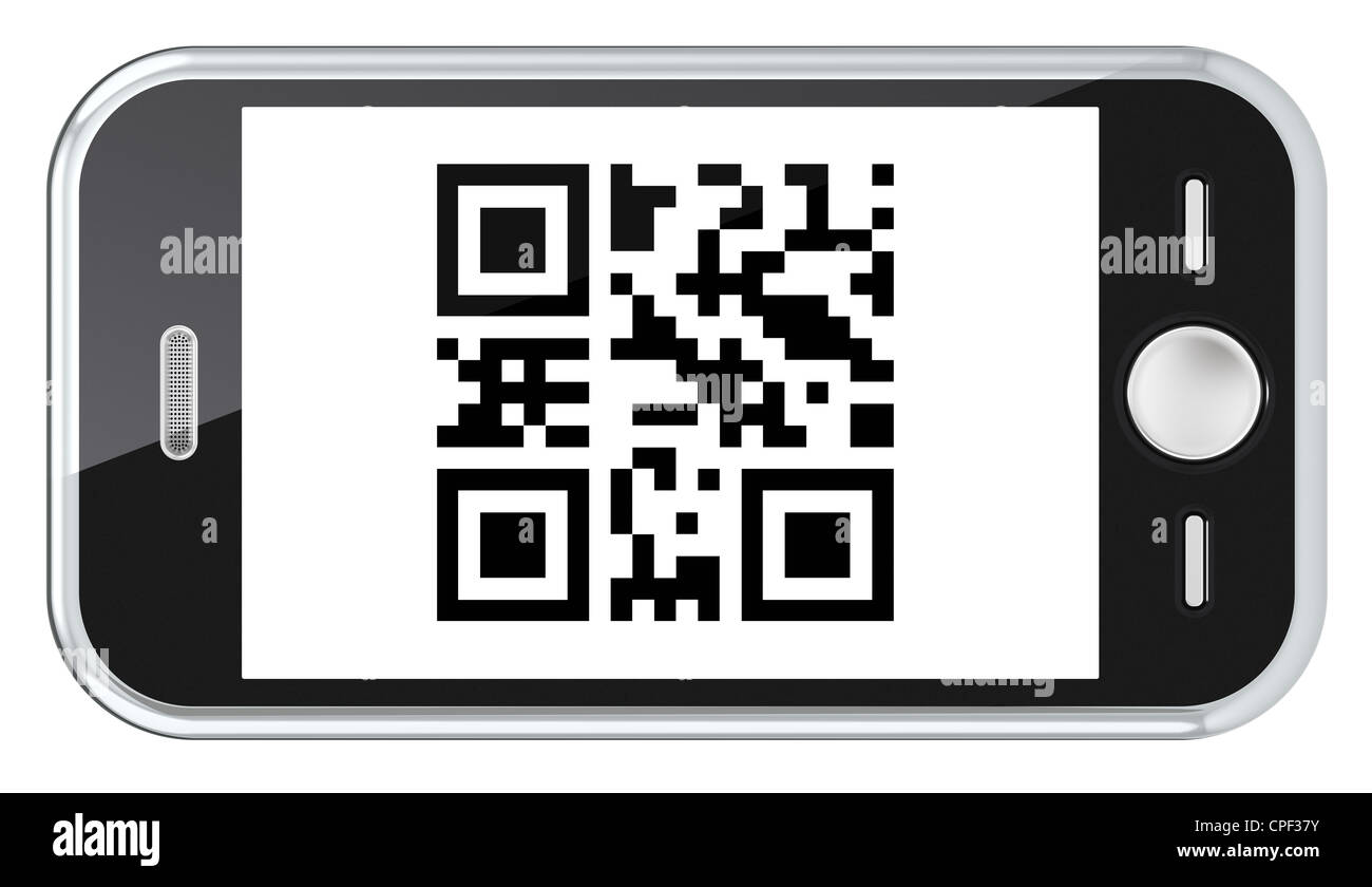 QR Code Scanning. Isolated smartphone with a sample QR Code. Black ...