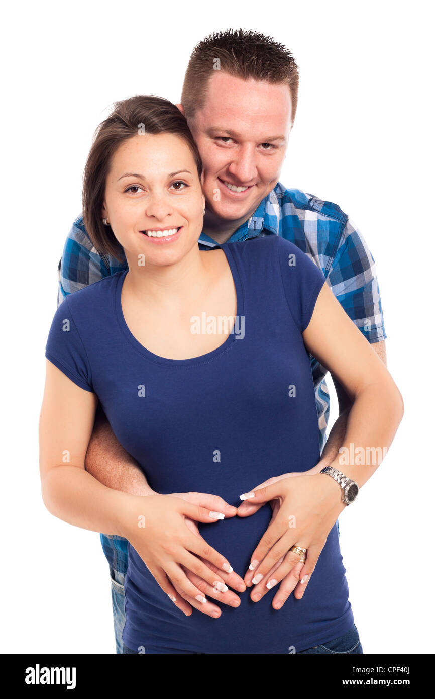 Portrait of happy smiling pregnant couple, isolated on white background ...