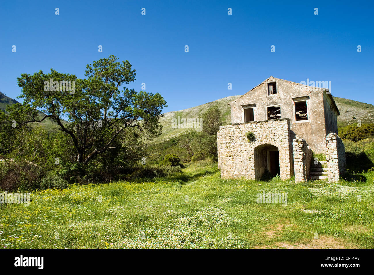 Old deserted mountain village Old Perithia, Corfu, Greece Stock Photo ...