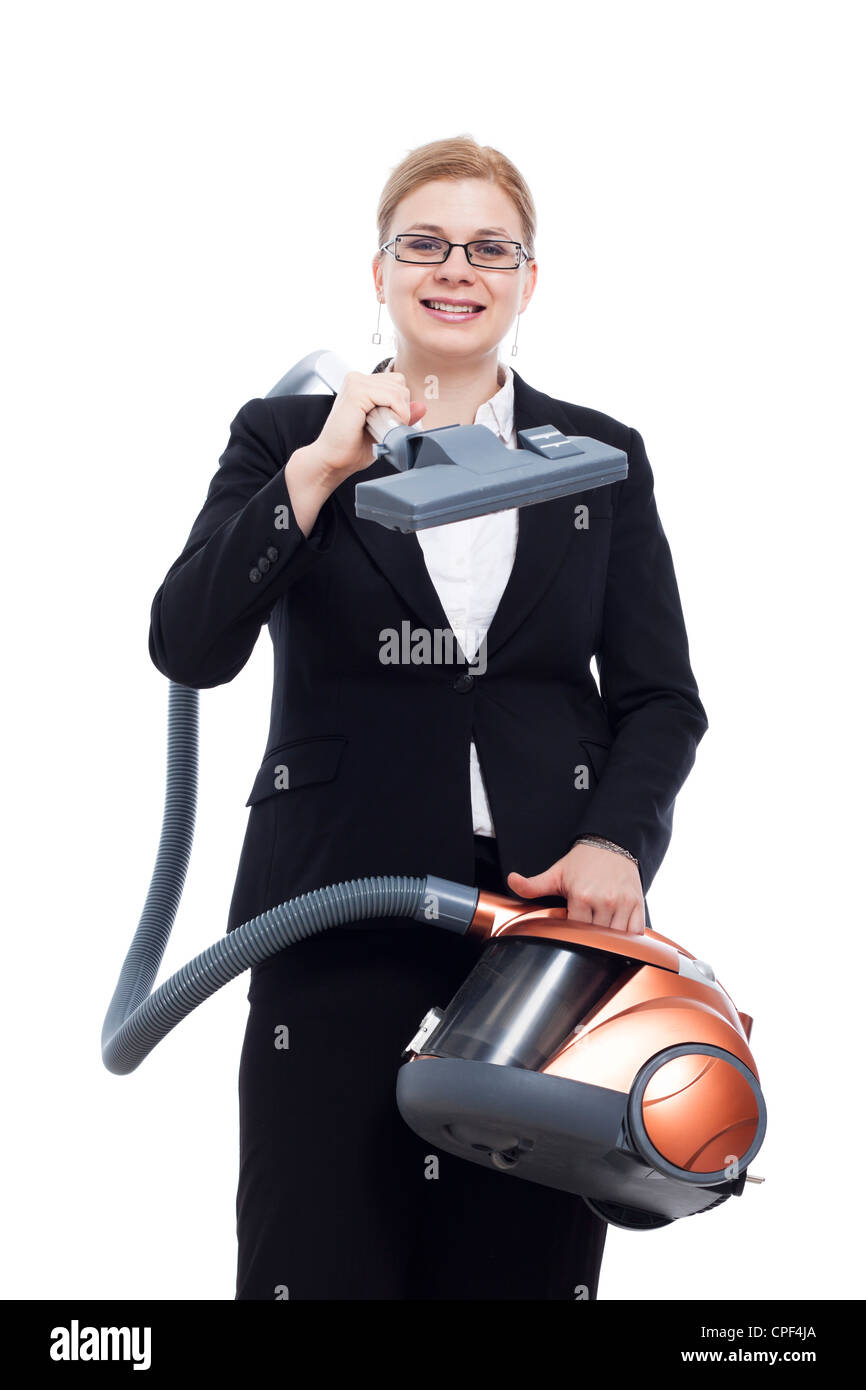 Happy smiling businesswoman with vacuum cleaner, isolated on white ...