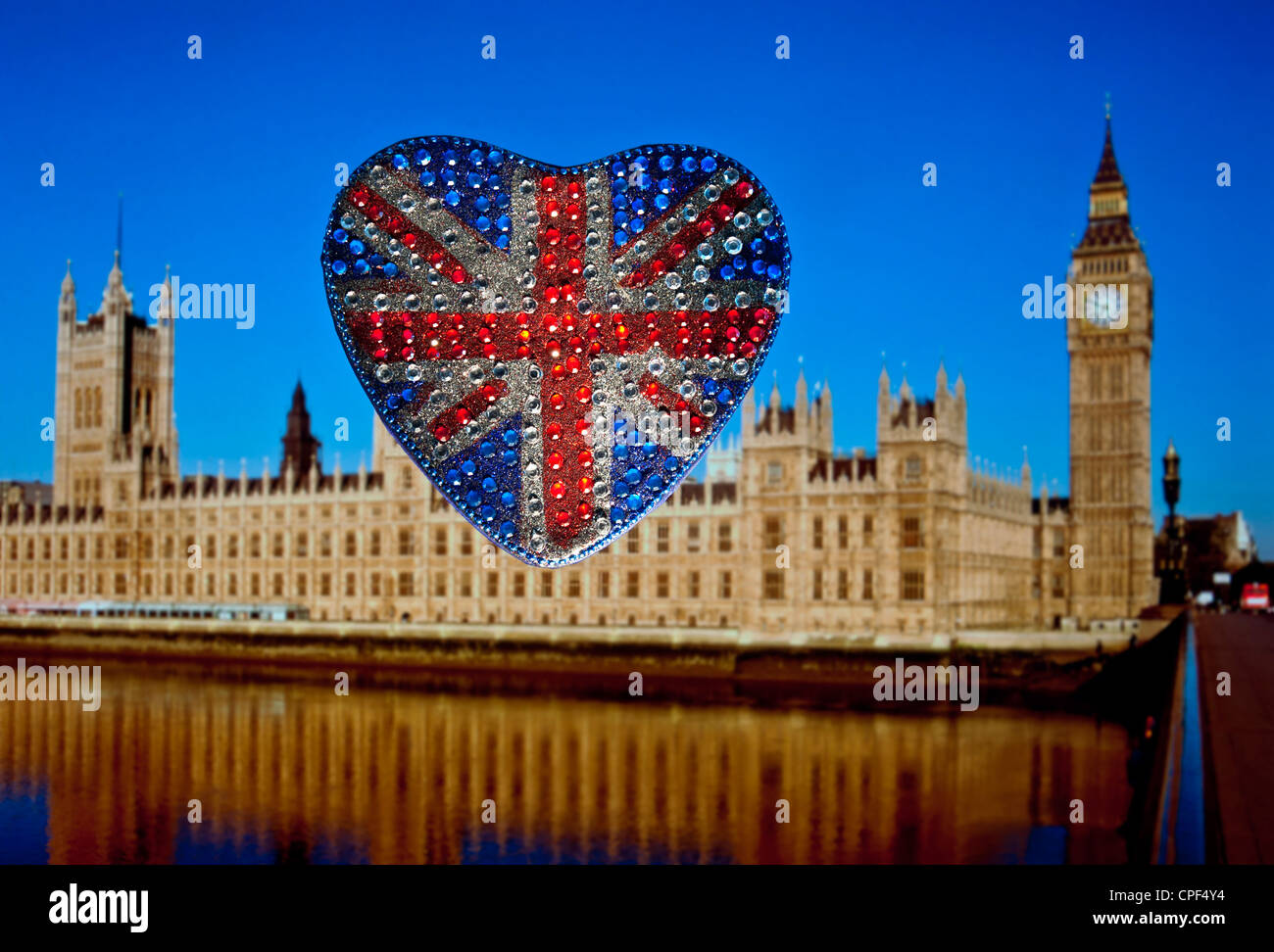 Heart shaped reflective sparkling Union Jack Flag motif with Houses of ...