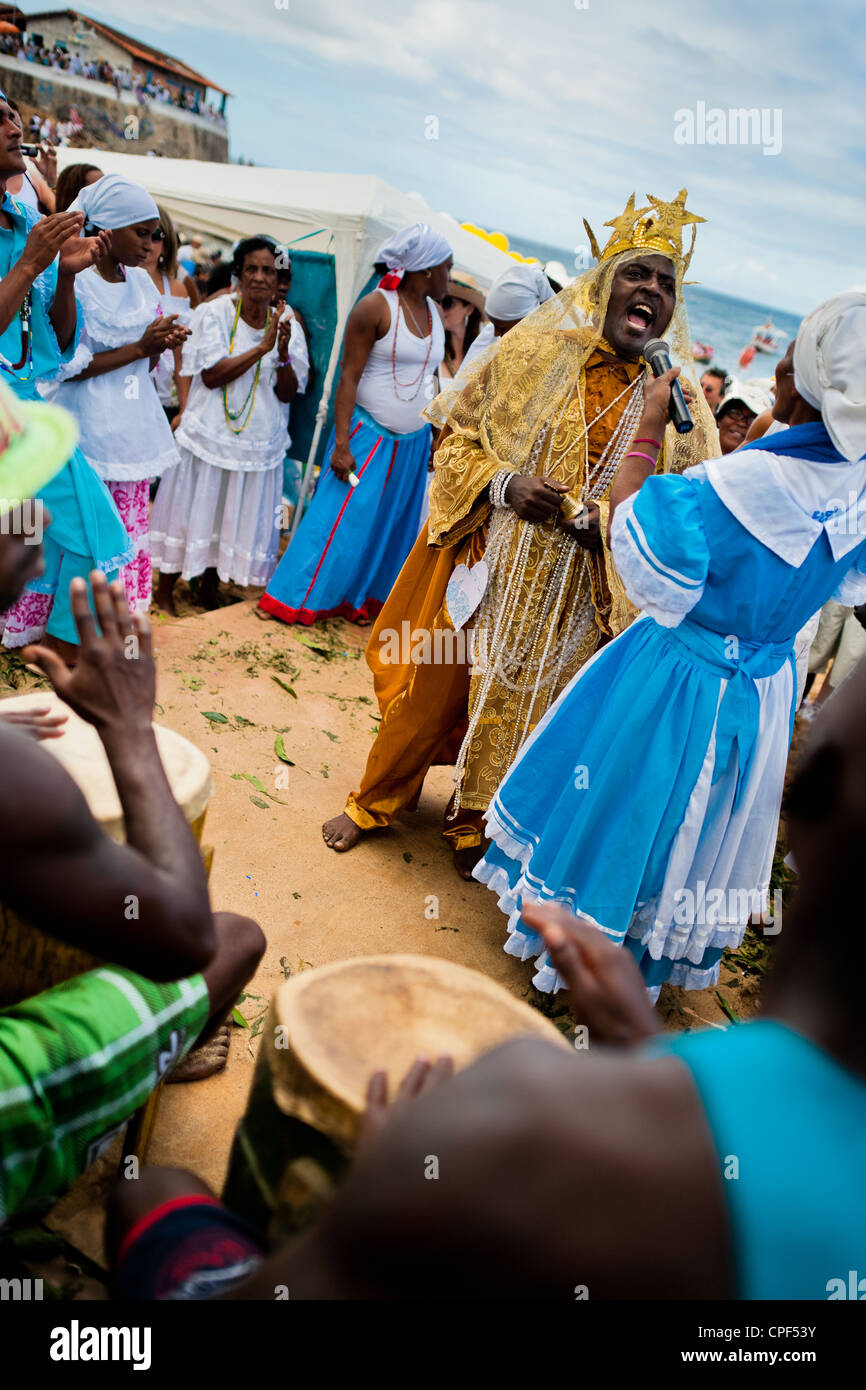 A Candomblé priest sings during the ritual ceremony in honor to Yemanjá ...