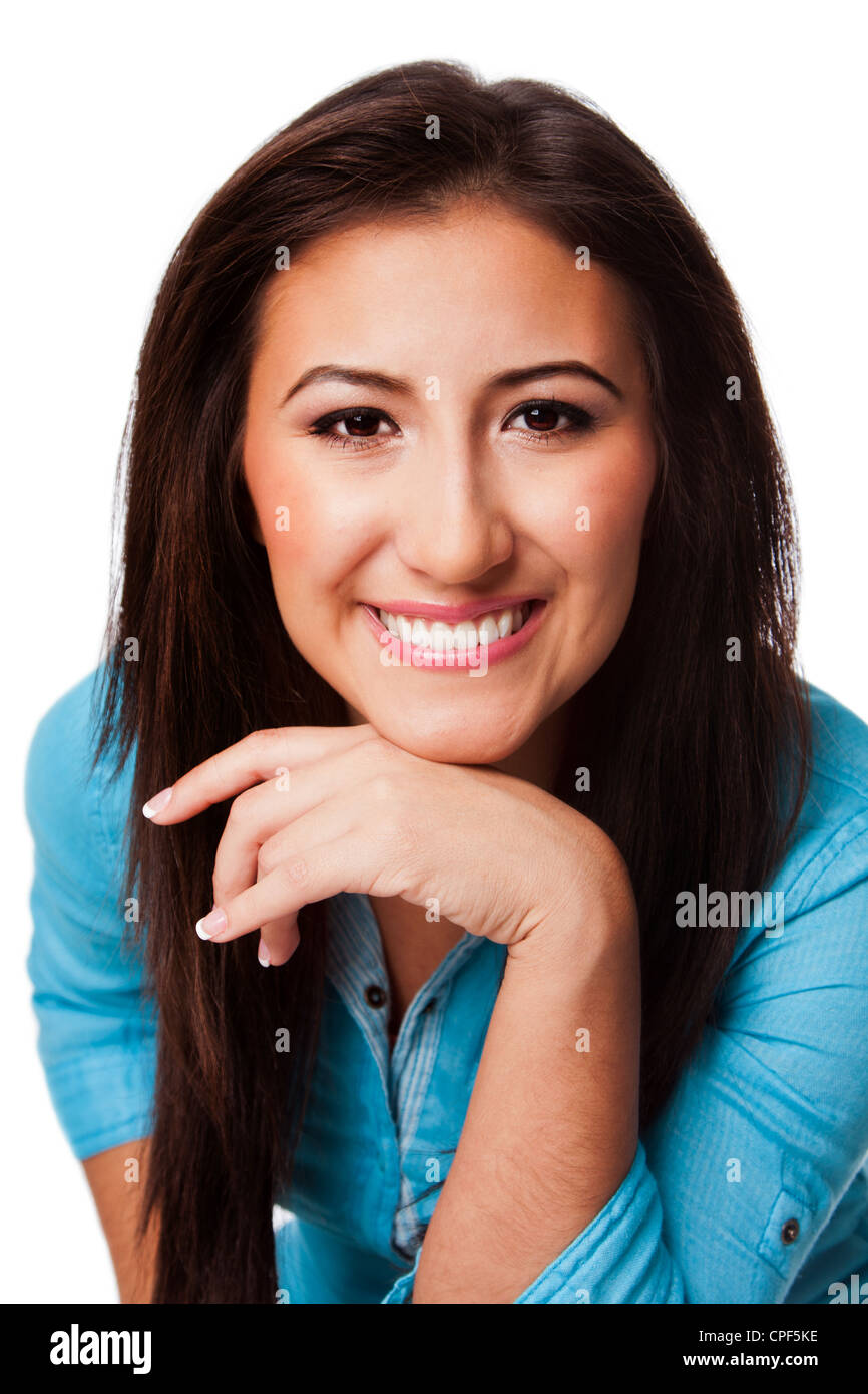 Happy beautiful smiling female student portrait of face with long hair ...