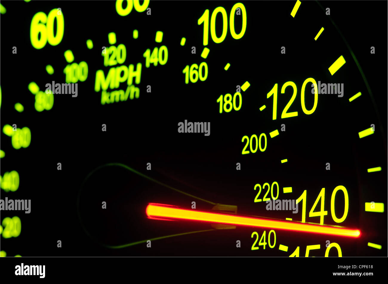 Night side view of speedometer showing 145 MPH, differential focus ...
