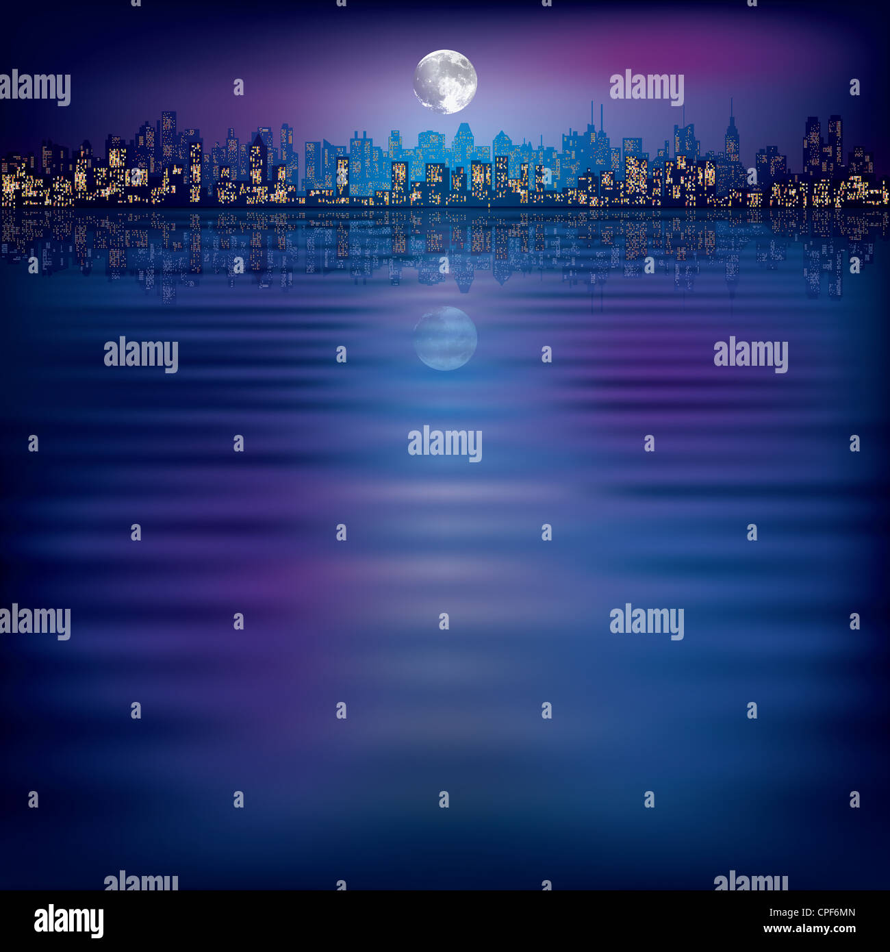 abstract night background with silhouette of city and moon Stock Photo ...