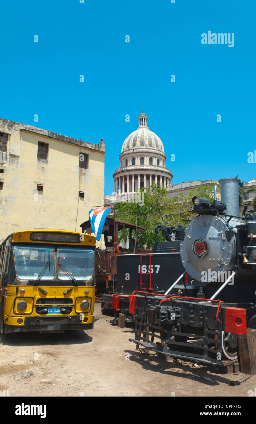 Havana Habana Cuba old train and bus museum next to Capital in downtown ...