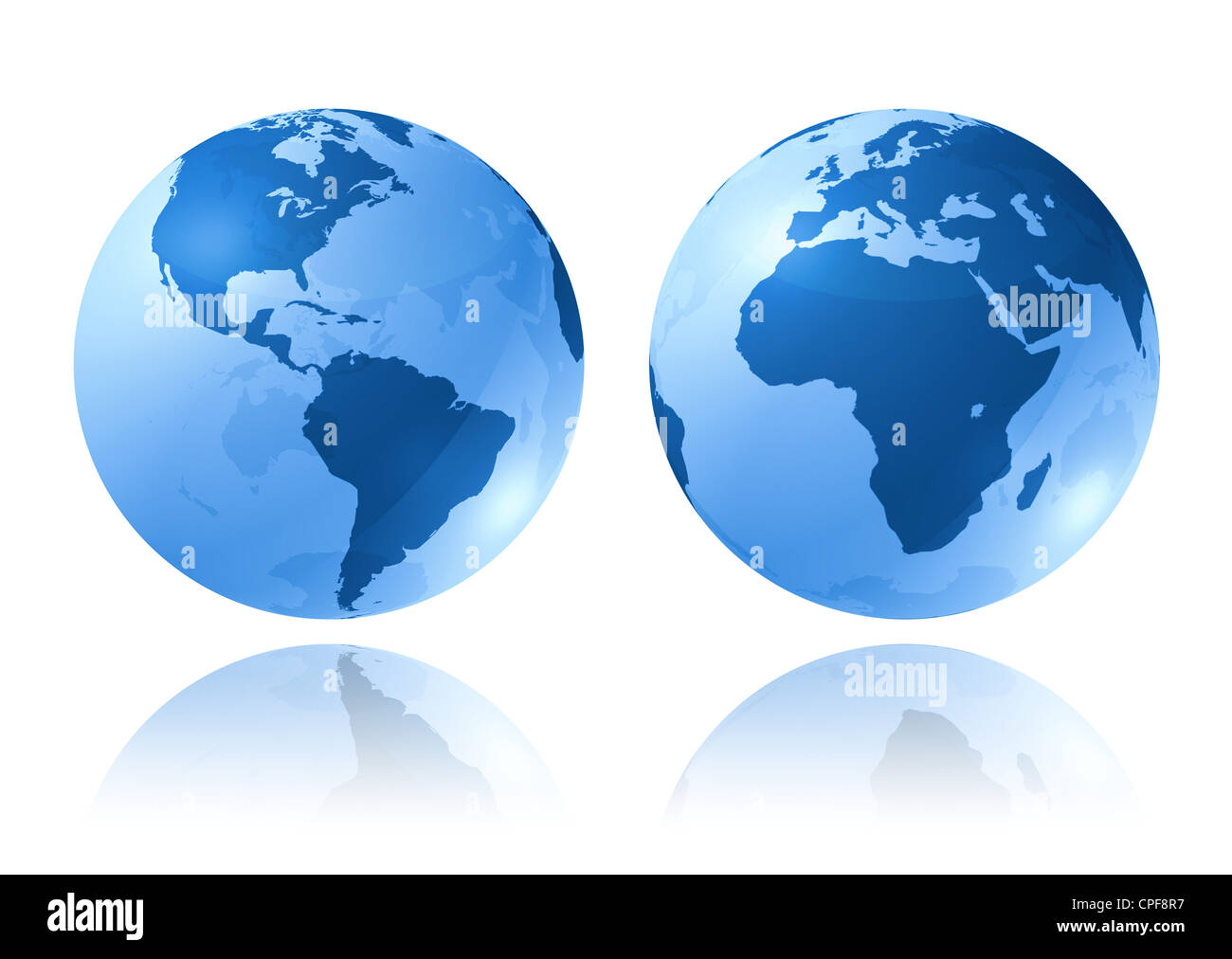 two blue glossy earth globes on white background - three dimensional ...