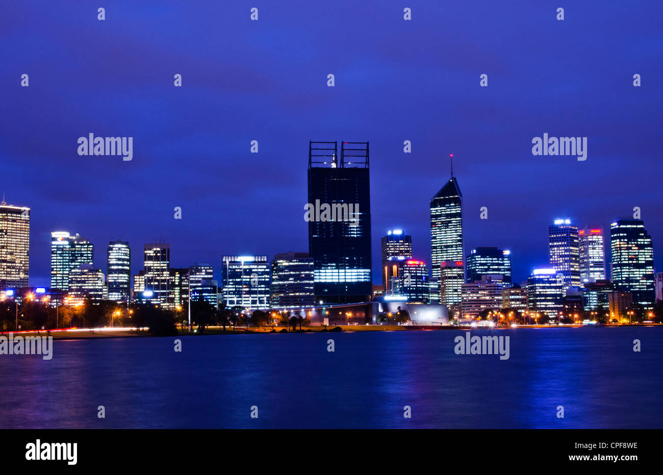 Beautiful skyline of Perth at twilight from water in Western Australia ...