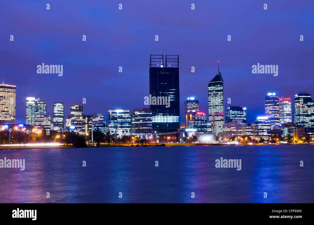 Beautiful skyline of Perth at twilight from water in Western Australia ...