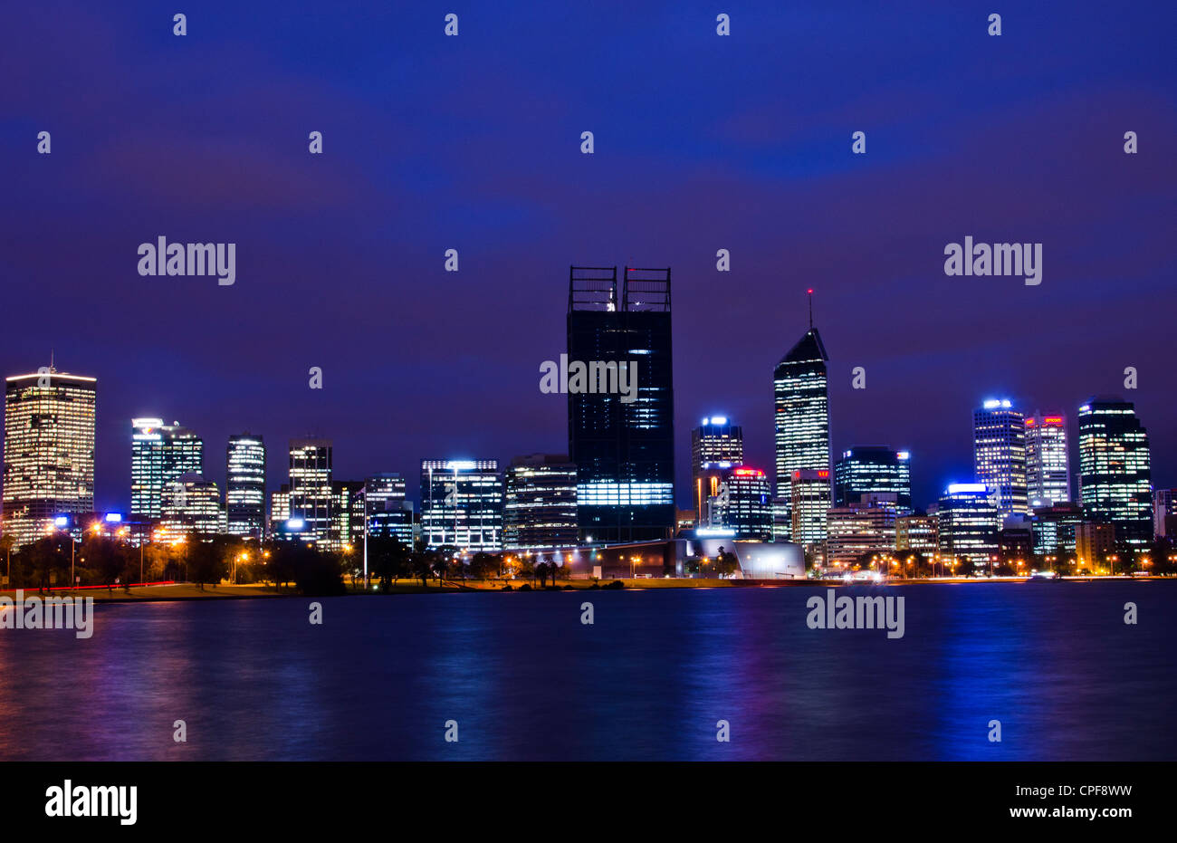 Beautiful skyline of Perth at twilight from water in Western Australia ...