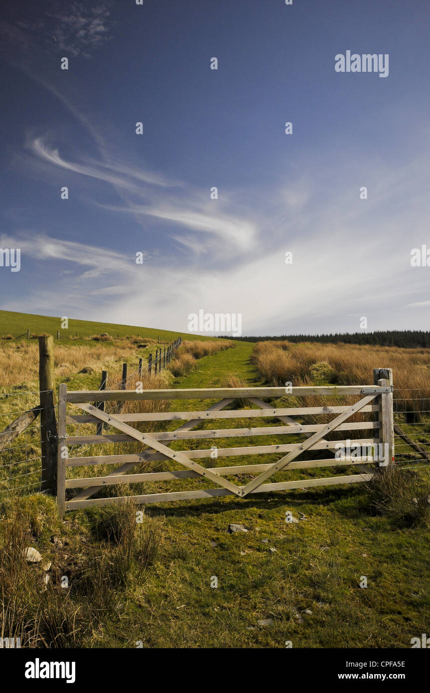 Wooden farm gate on the shore of Llyn Brenig North Wales Stock Photo ...