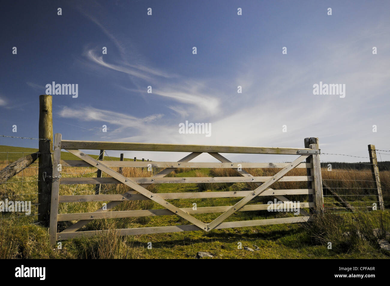 Wooden farm gate on the shore of Llyn Brenig North Wales Stock Photo ...