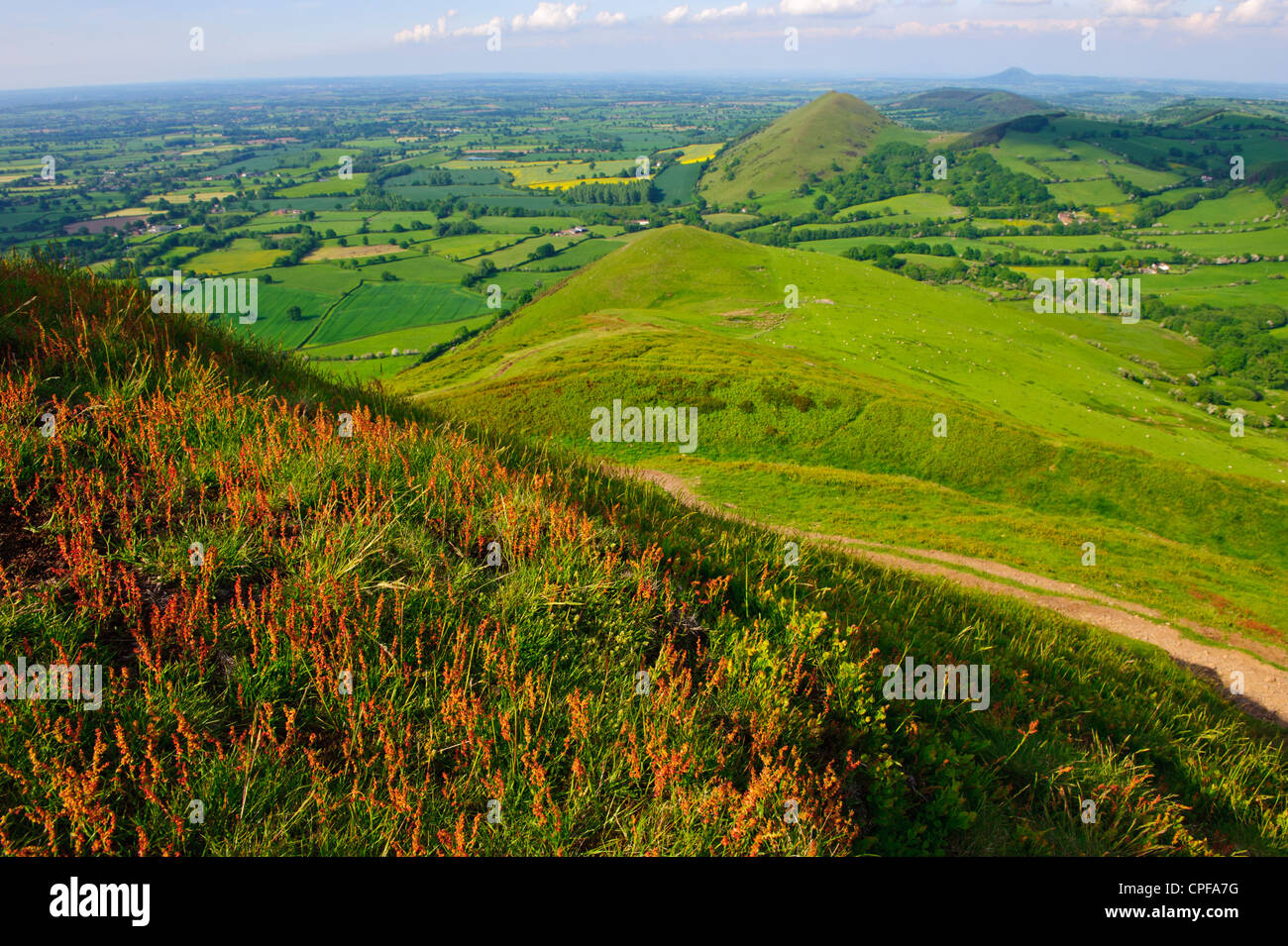 High on the ridge of Caer Caradoc, Shropshire, England, looking towards ...