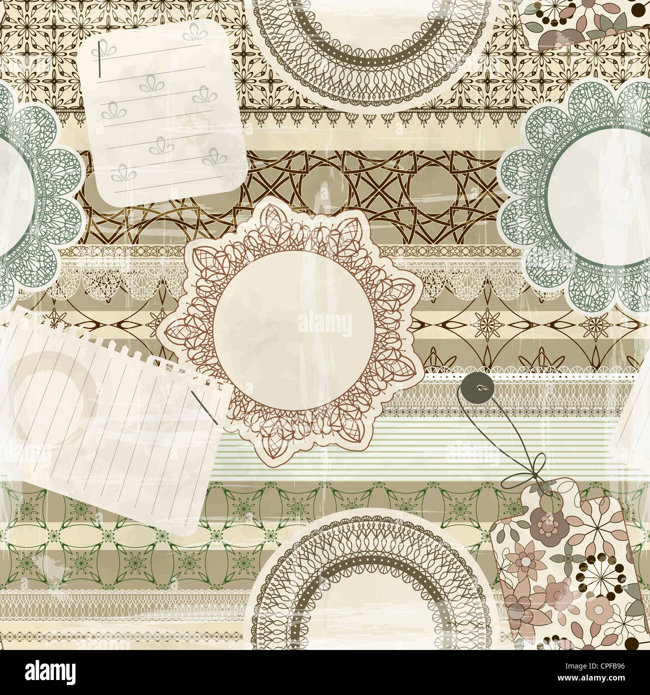 seamless pattern with scrapbook elements: lacy napkins, sheets of paper ...