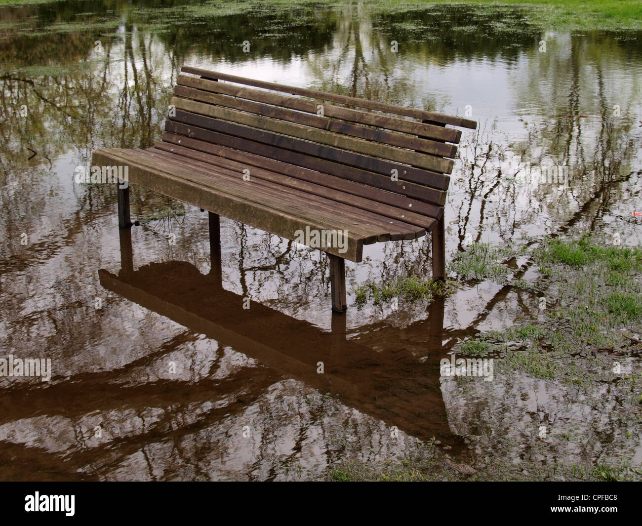 Bench in a flooded park, Cambridge, UK Stock Photo - Alamy