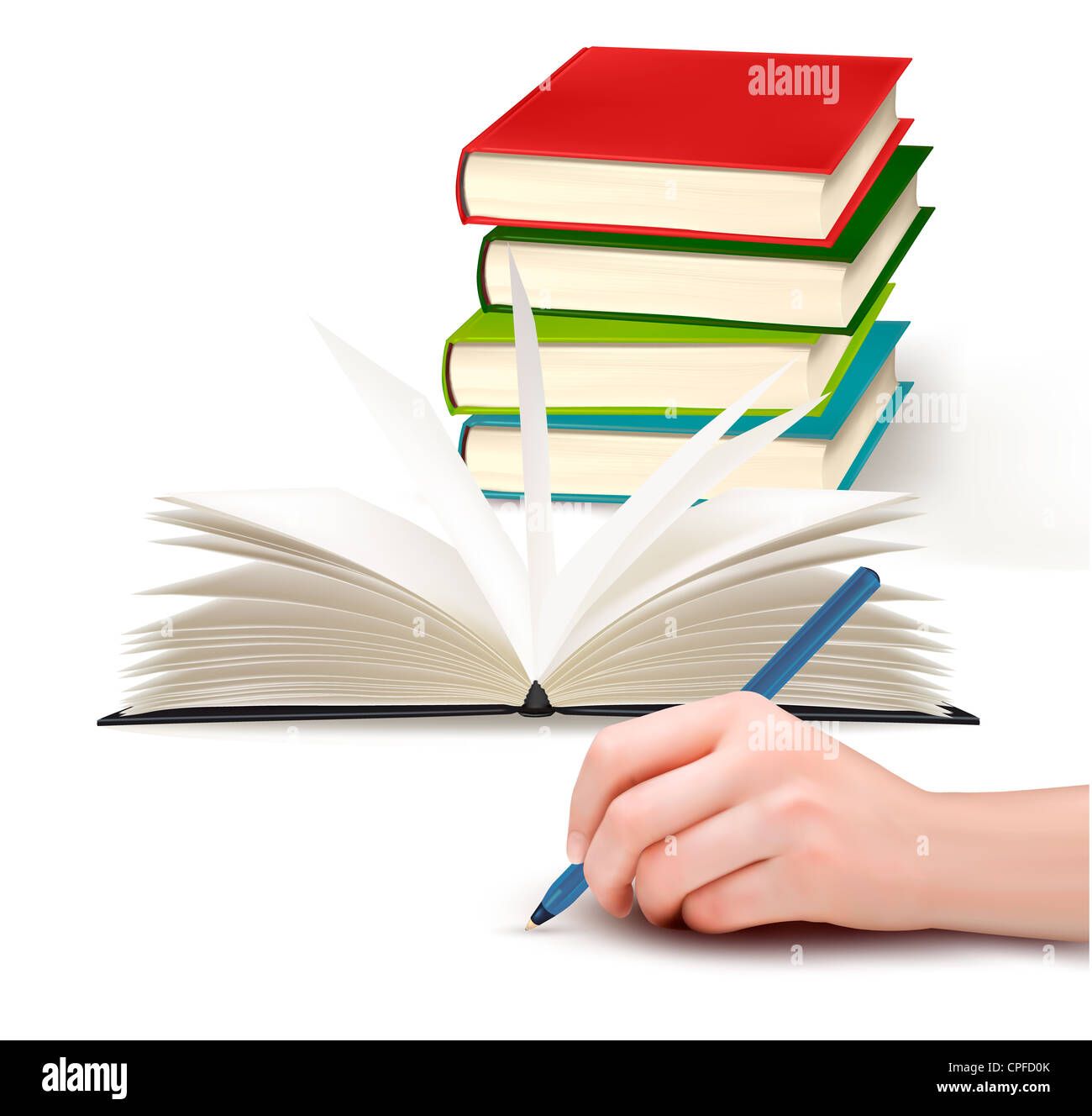 Hand with pen writing on paper and stack of book Stock Photo - Alamy