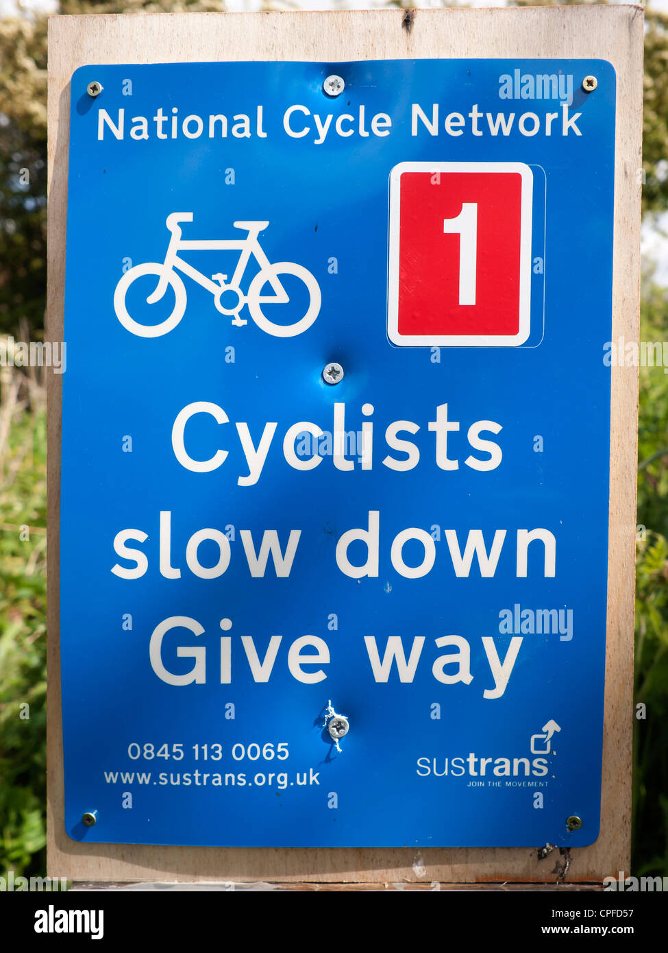 National Cycle Network Sign warning cyclists to slow down and give way ...