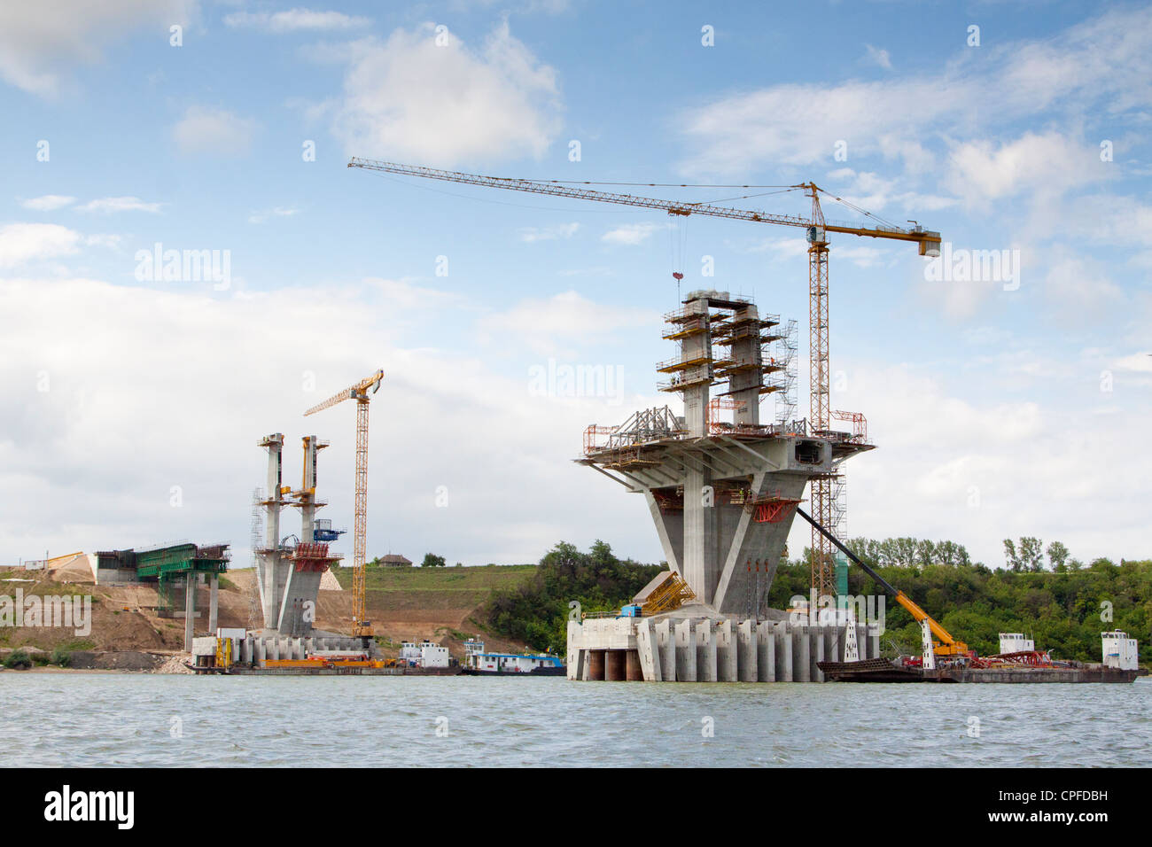 Two pylons being built in the middle of the Danube, construction site ...