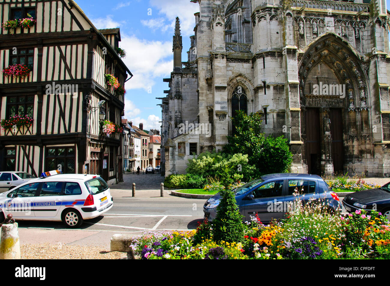 Vernon,Bridge over River Seine,half-timbered medieval Buildings,Notre ...