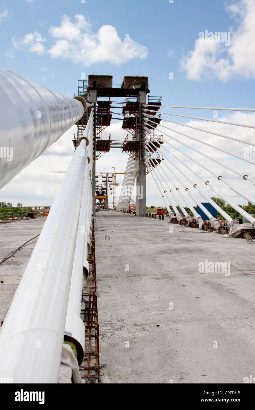 Bridge pylon with suspension cables on the Vidin-Calafat Bridge, in ...