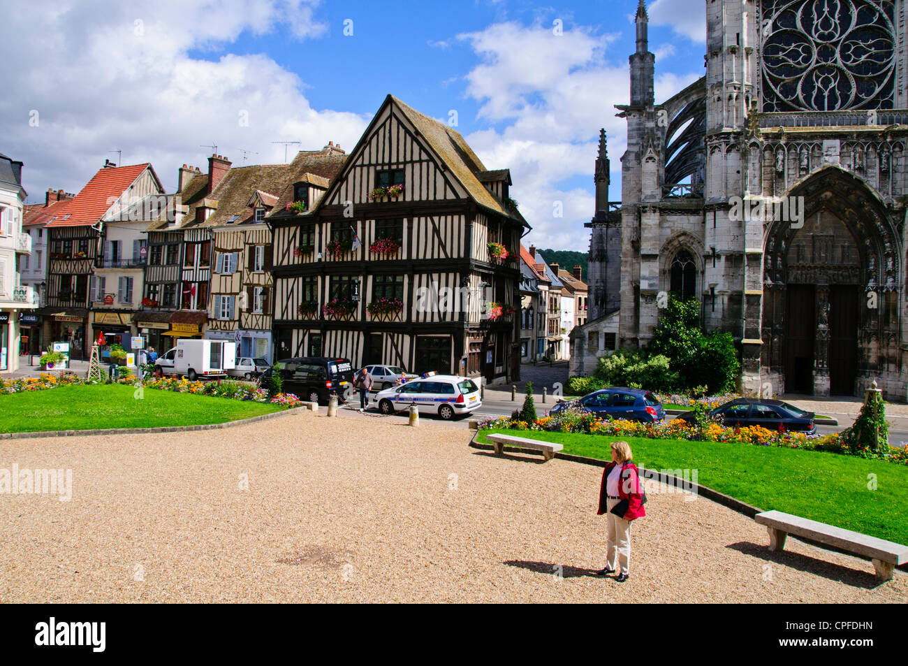 Vernon,Bridge over River Seine,half-timbered medieval Buildings,Notre ...