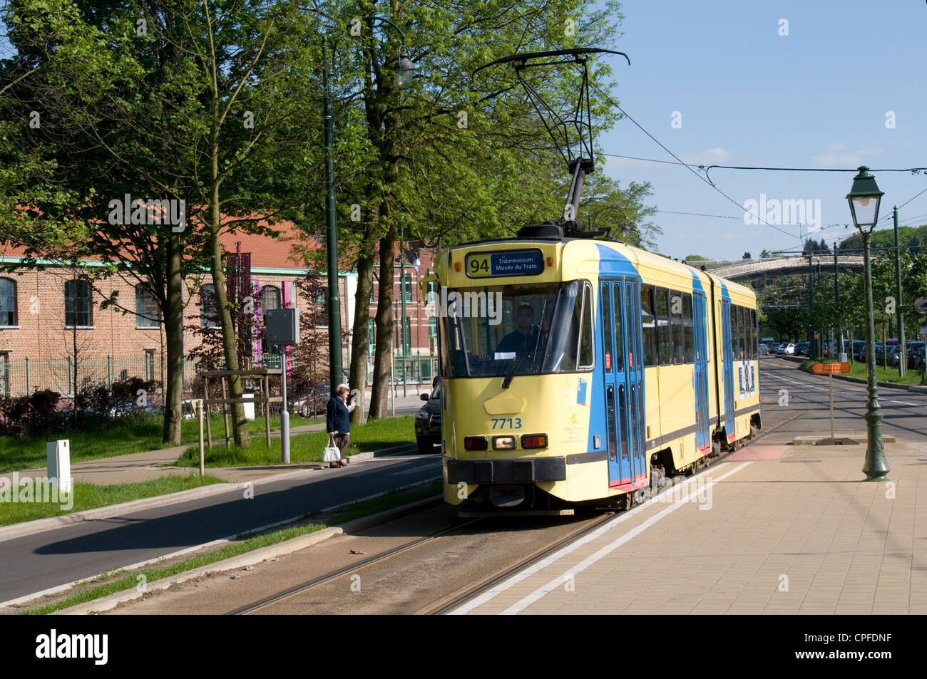 An articulated tram car arrives at the Tram Museum stop in Brussels ...