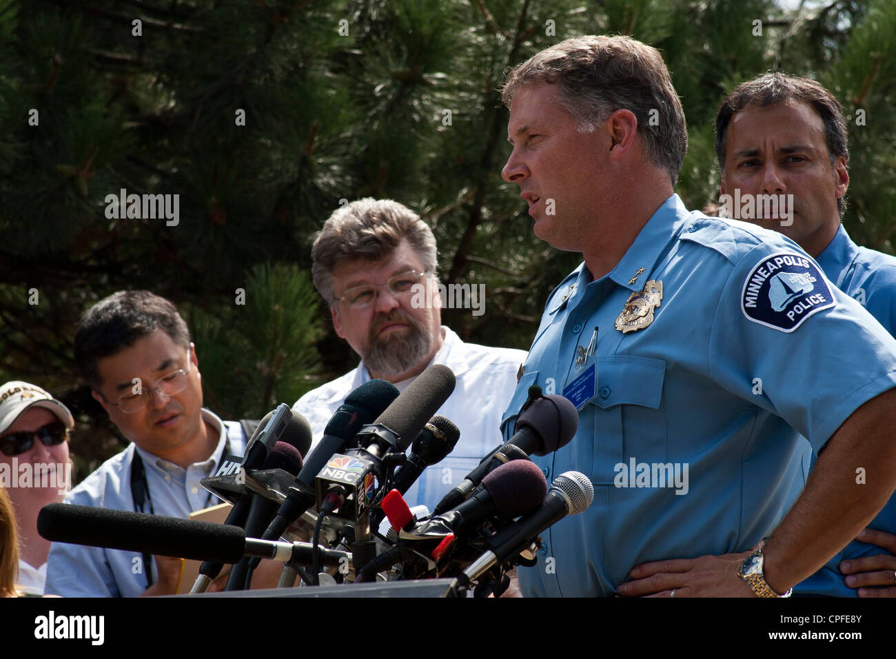 police chief giving a press conference after the 35W bridge collapse ...
