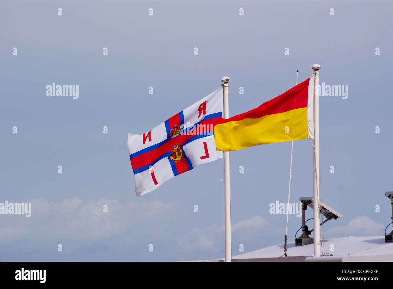 RNLI and lifeguard flags, on Bournemouth Beach, Dorset England Stock ...