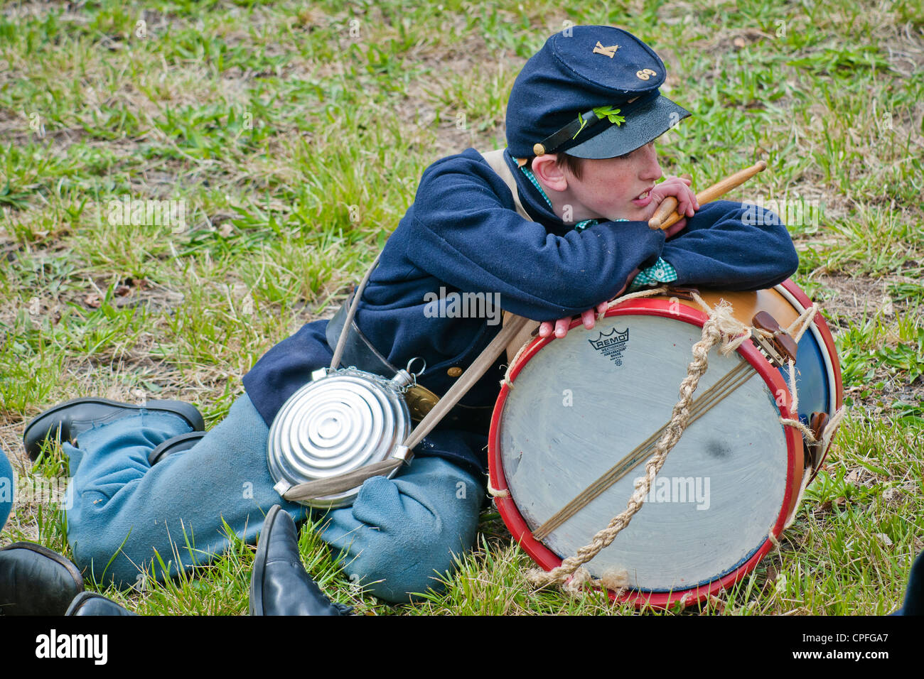 Young drummer of Union Army band rest, War reenactment , Bensalem, USA ...
