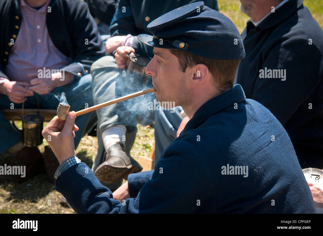 Union Army soldier smoke long pipe, Civil War reenactment , Bensalem ...