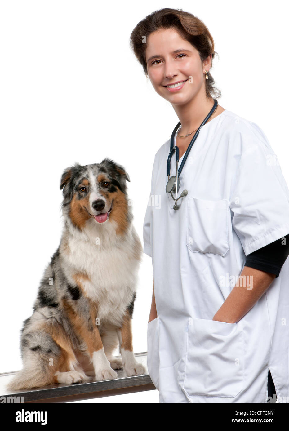 Vet standing next to an Australian shepherd against white background ...