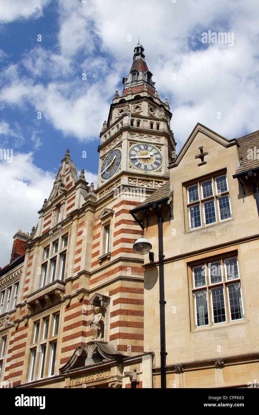 Clock tower above bank, Sydney Street, Cambridge, England, UK Stock ...