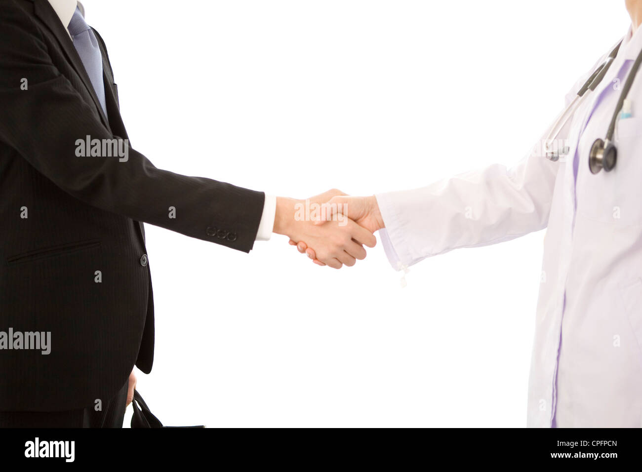 Female doctor and pharmaceutical sales representative shaking hands ...